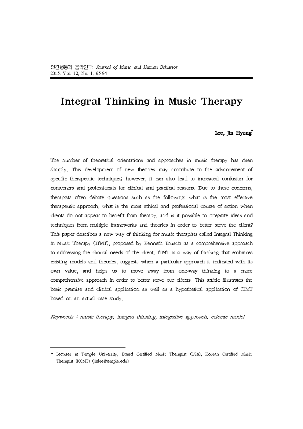 02. Integral Thinking in Music Therapy Author Lee, Jin Hyung - Integral ...