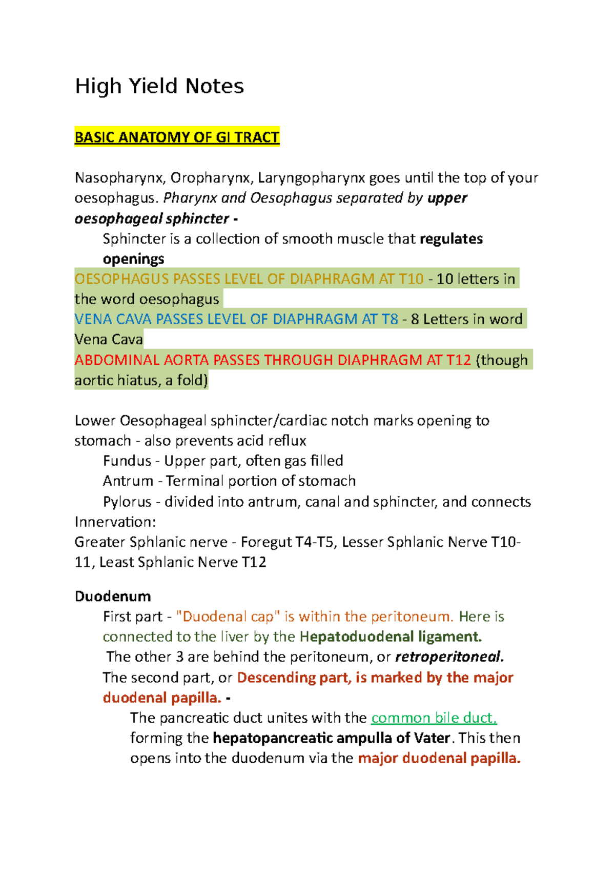 GI High Yield Notes - High Yield Notes BASIC ANATOMY OF GI TRACT ...