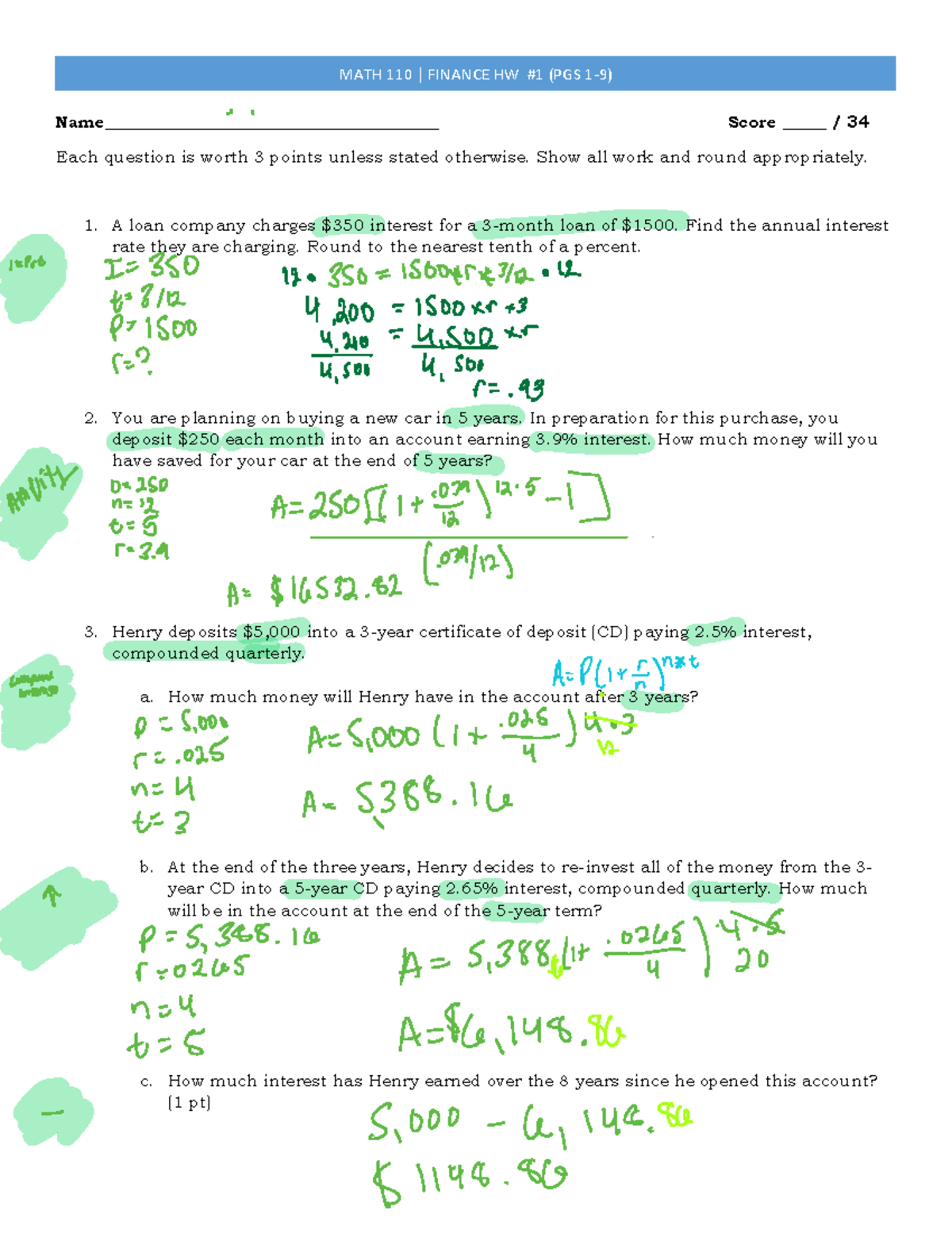 Finance HW 1 - MATH 110 | FINANCE HW #1 (PGS 1-9) Name