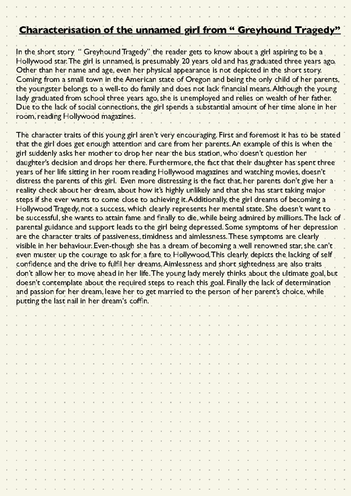 Characterisation of the unnamed girl from “ Greyhound Tragedy - In the ...