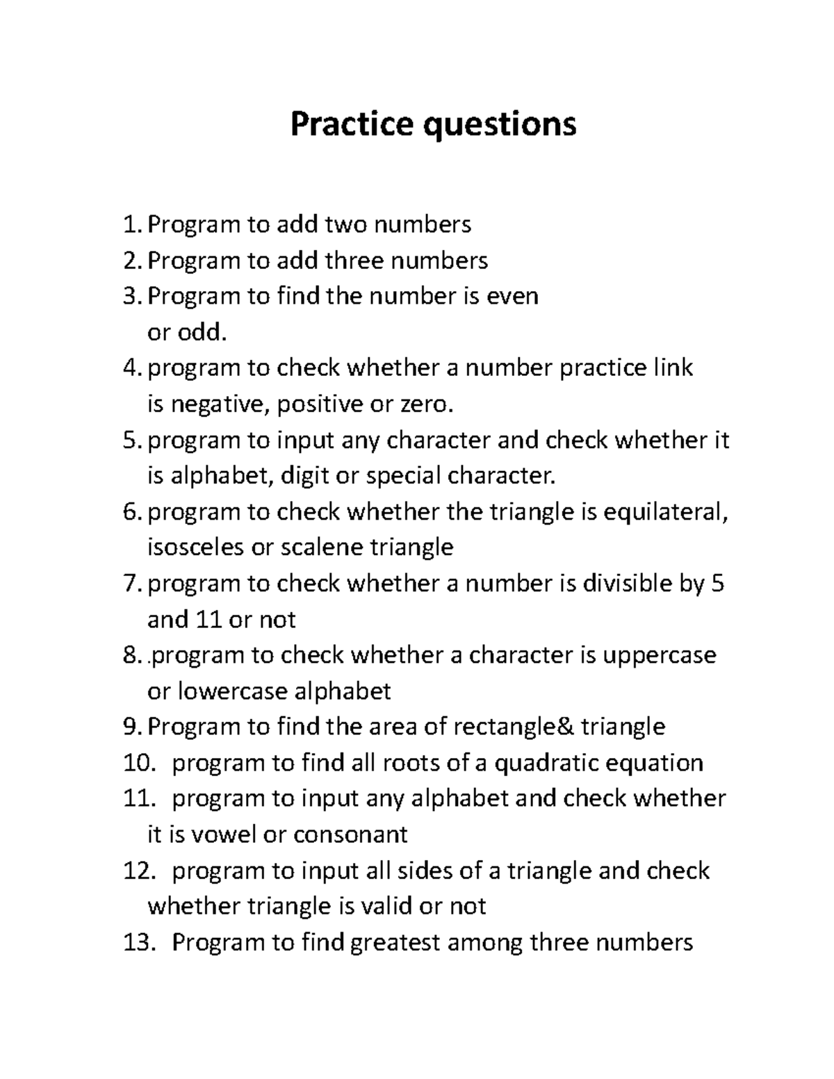 Python Practice Questions Practice Questions 1 Program To Add Two Numbers 2 Program To Add