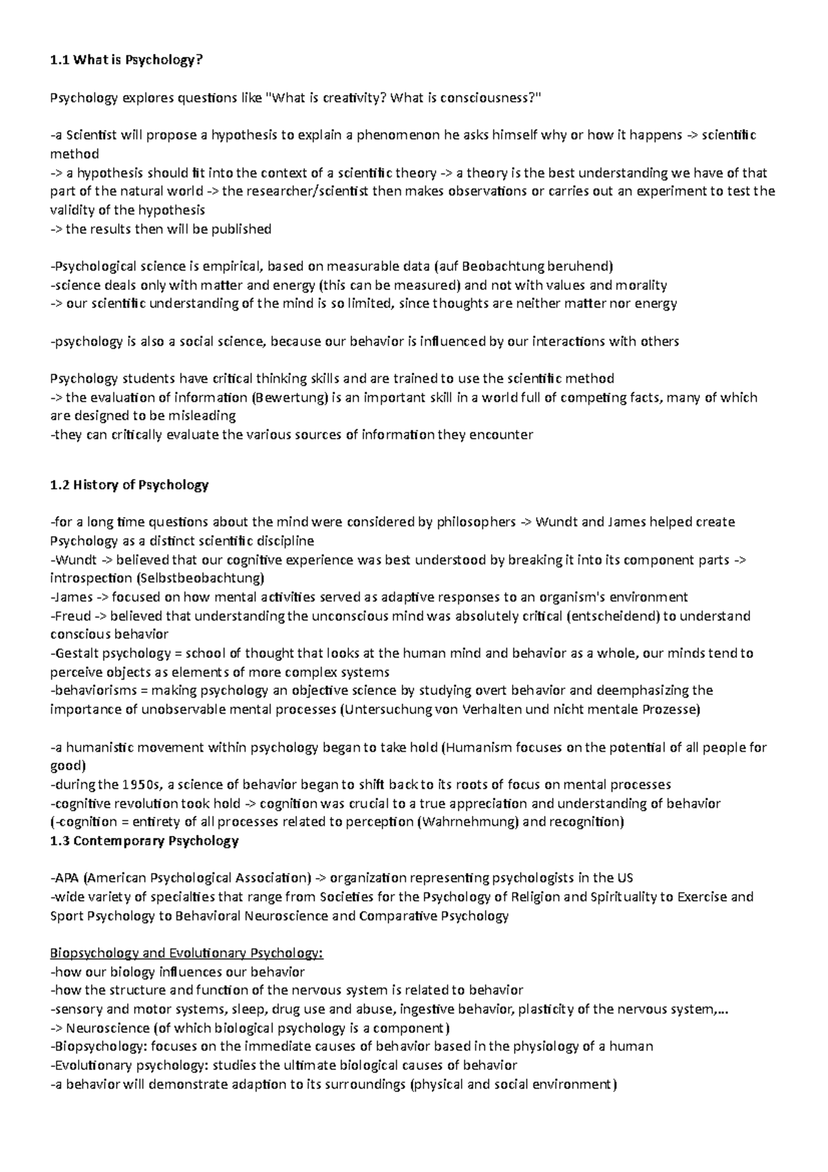 Psychology 1 - These are notes from Week 1. - 1 What is Psychology ...