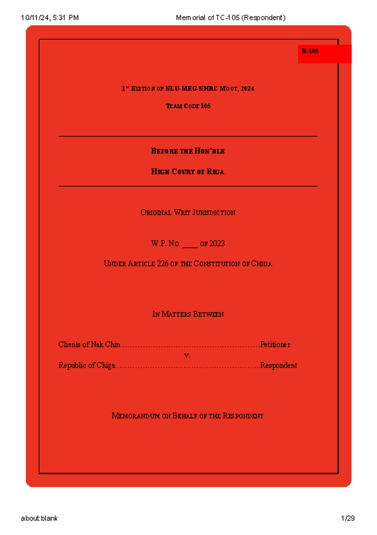 Memorial of TC-105 (Respondent) - 1 ST E DITION OF NLU-MEG NHRC M OOT ...