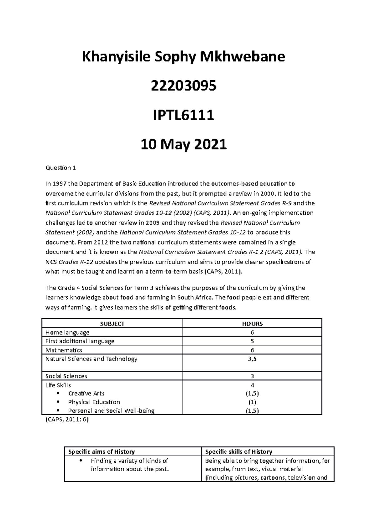 Assignment 1 IPTL6111 - HHNHJETJ - Khanyisile Sophy Mkhwebane 22203095 IPTL 10 May 2021 Question ...