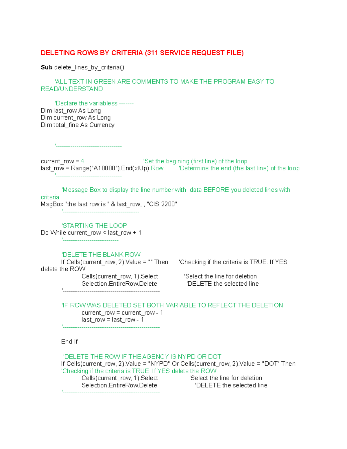 Codes Deleting Rows By Criteria 311 Service Request File Sub Delete