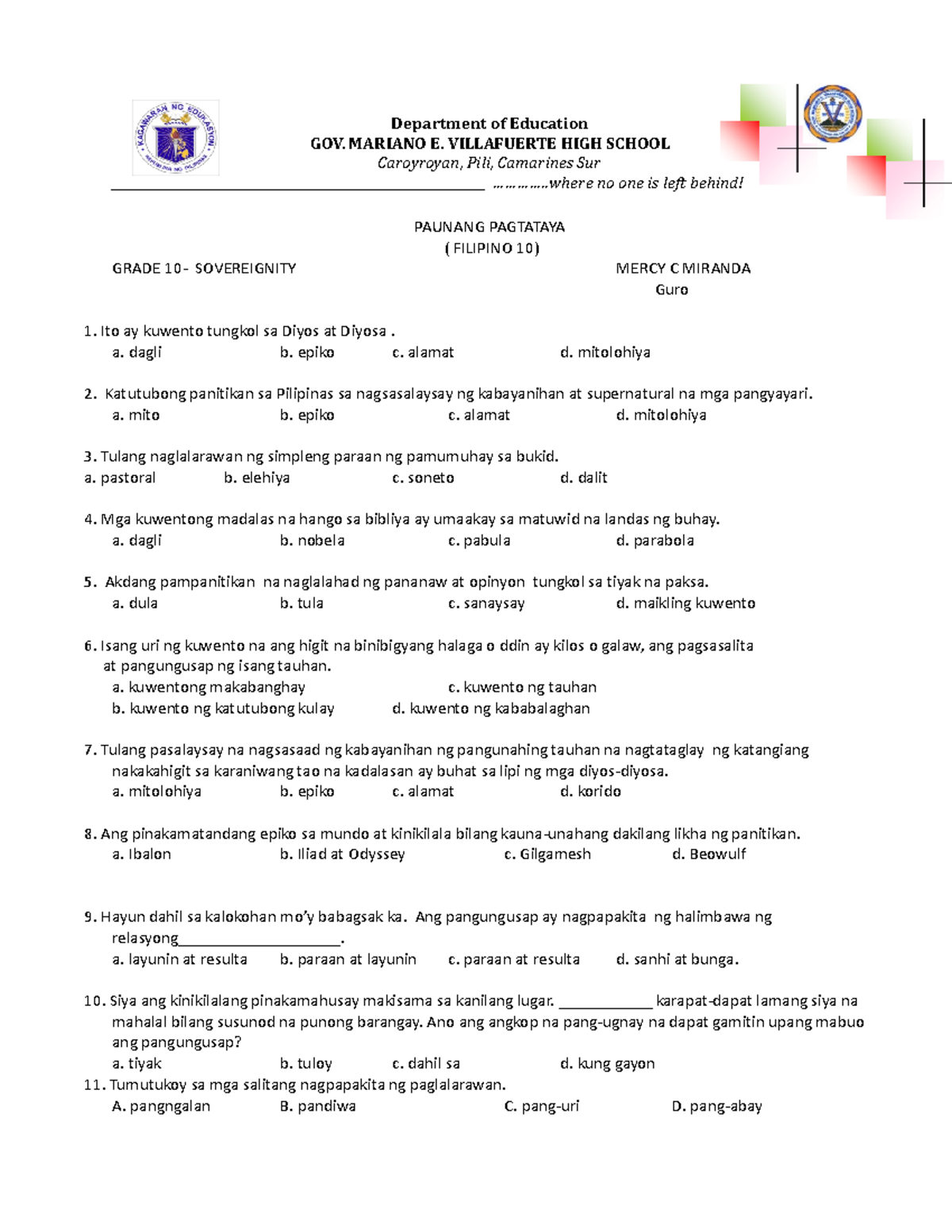 356357740 Filipino 10 exam - Department of Education GOV. MARIANO E ...