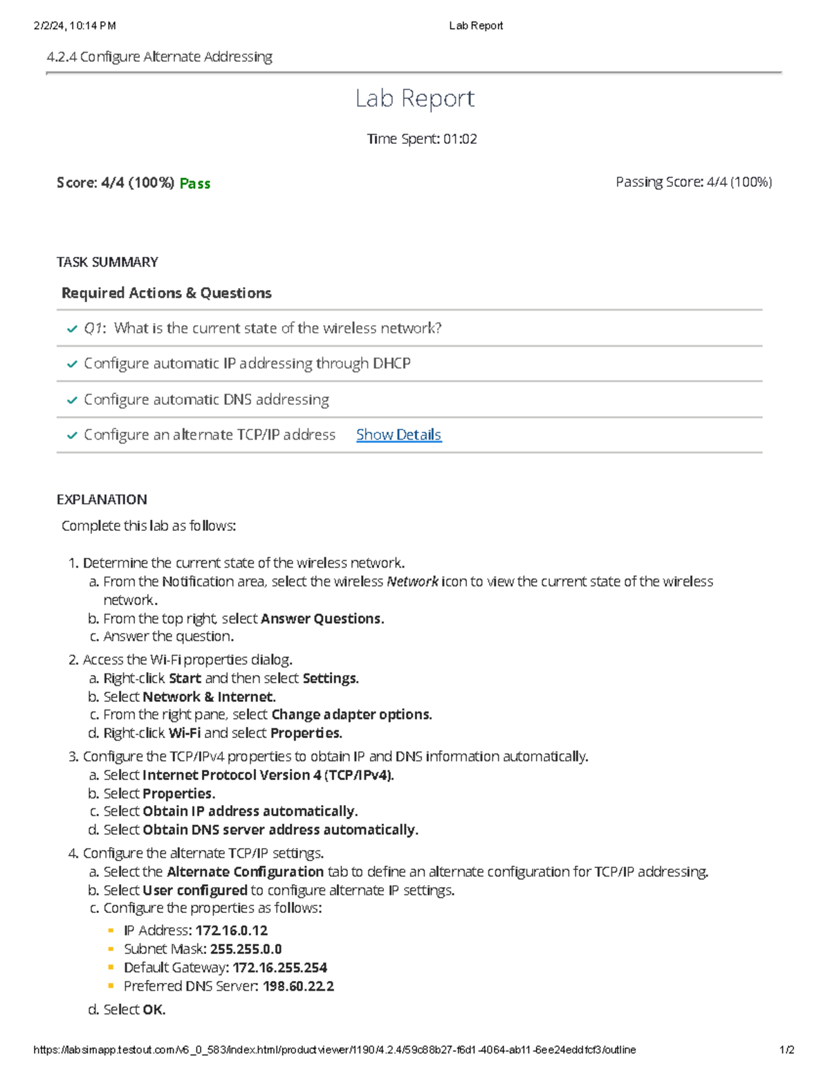 4.2.4 Configure Alternate Addressing - 2/2/24, 10:14 PM Lab Report - Studocu
