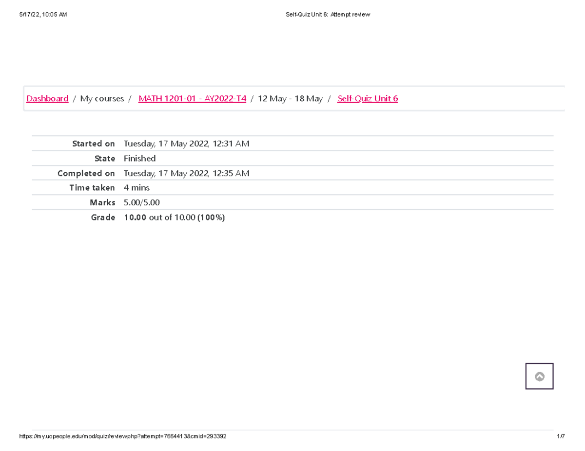 Self Quiz Unit 6 Attempt Review Started On Tuesday 17 May 2022 12 31 Am State Finished