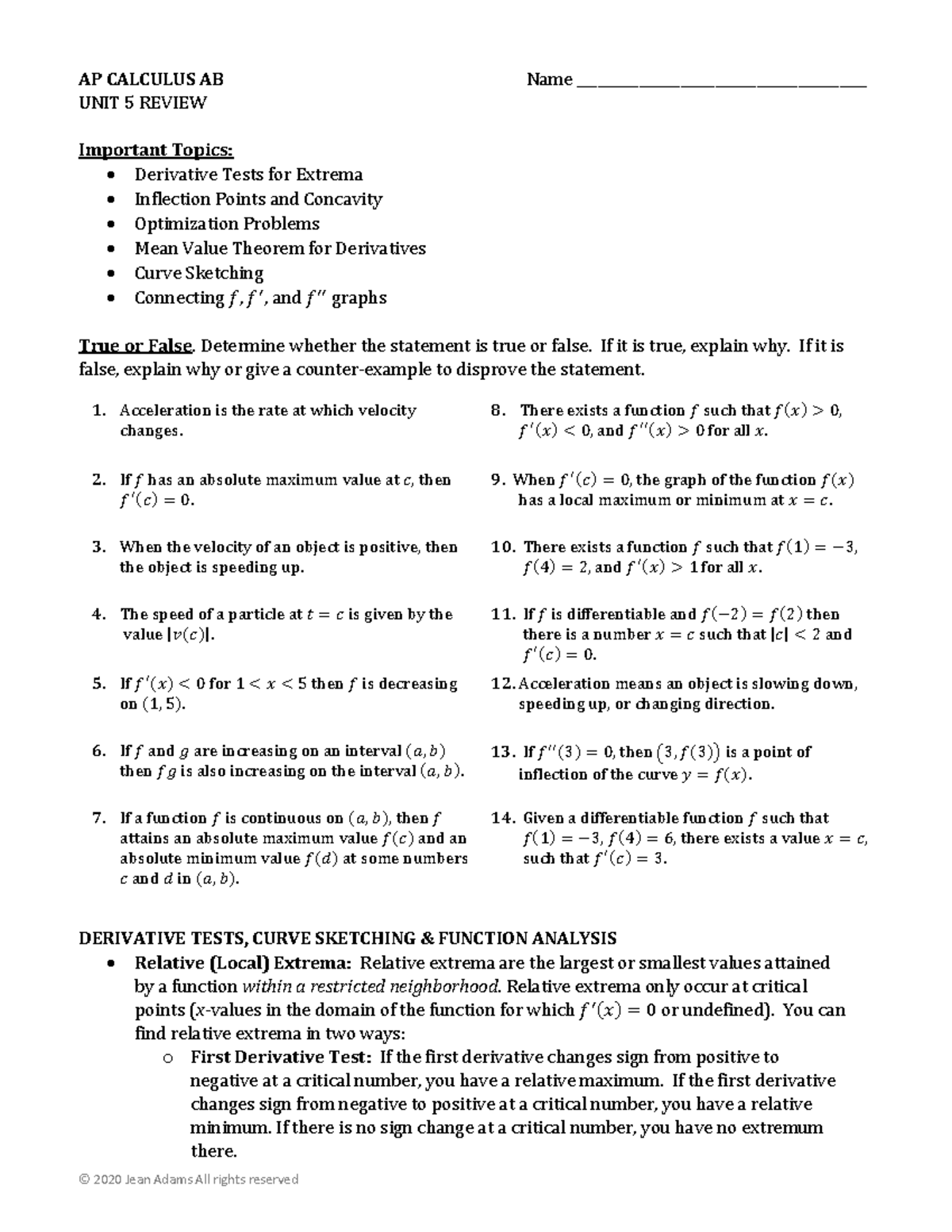 Unit 5 AP Style Review - one of the practices - AP CALCULUS AB Name ...