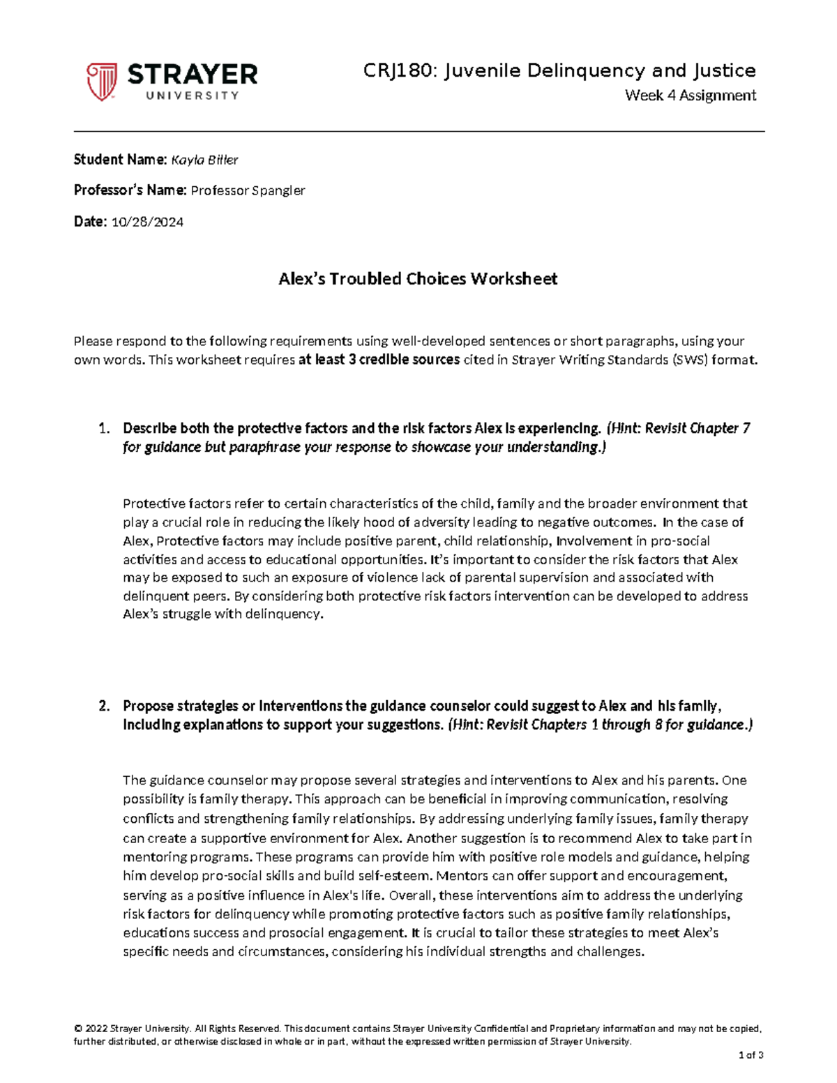 WK4 Assignment - Alex's Troubled Choices Worksheet - CRJ180: Juvenile ...