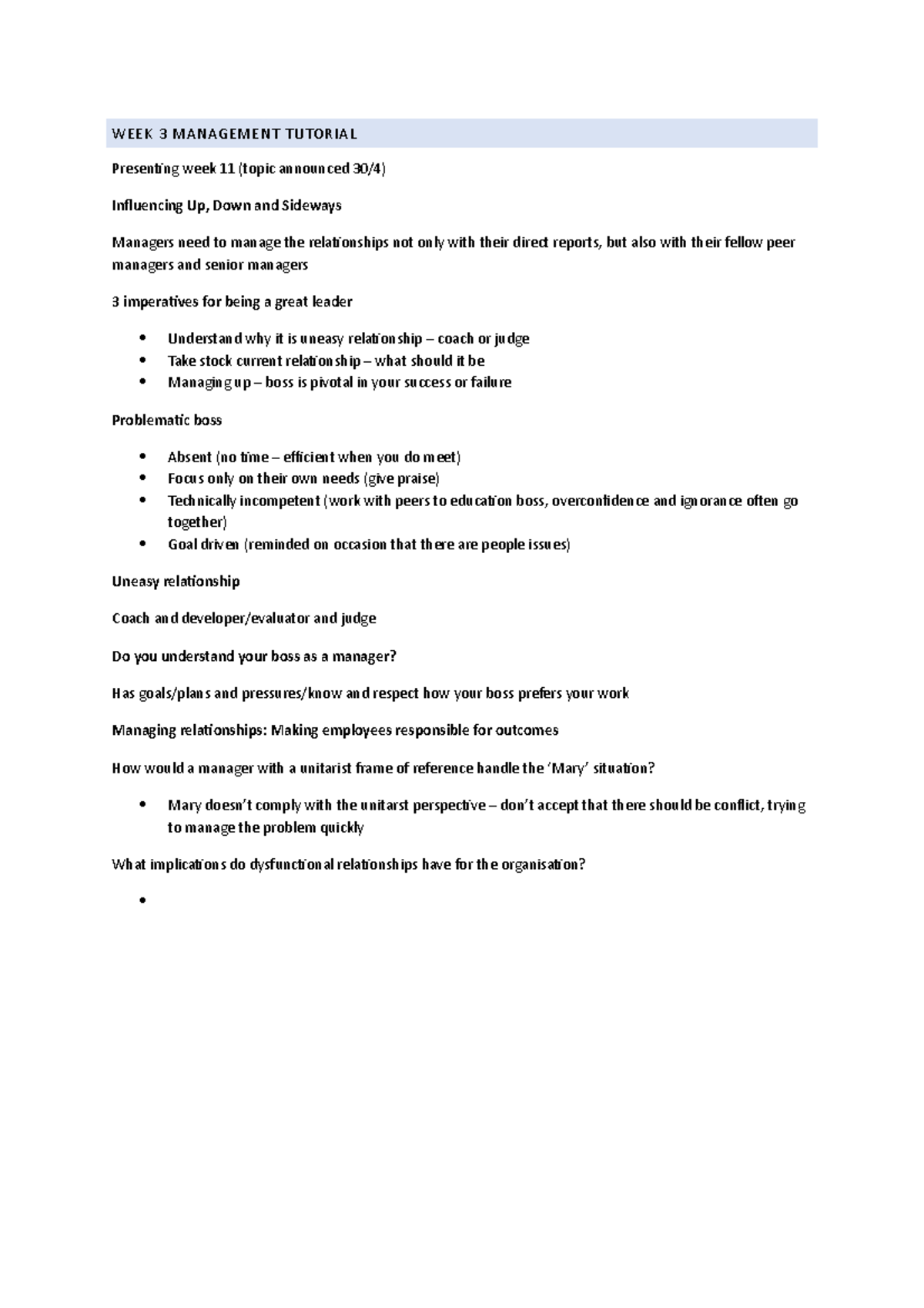 Week 3 Management Tutorial - WEEK 3 MANAGEMENT TUTORIAL Presenting week ...