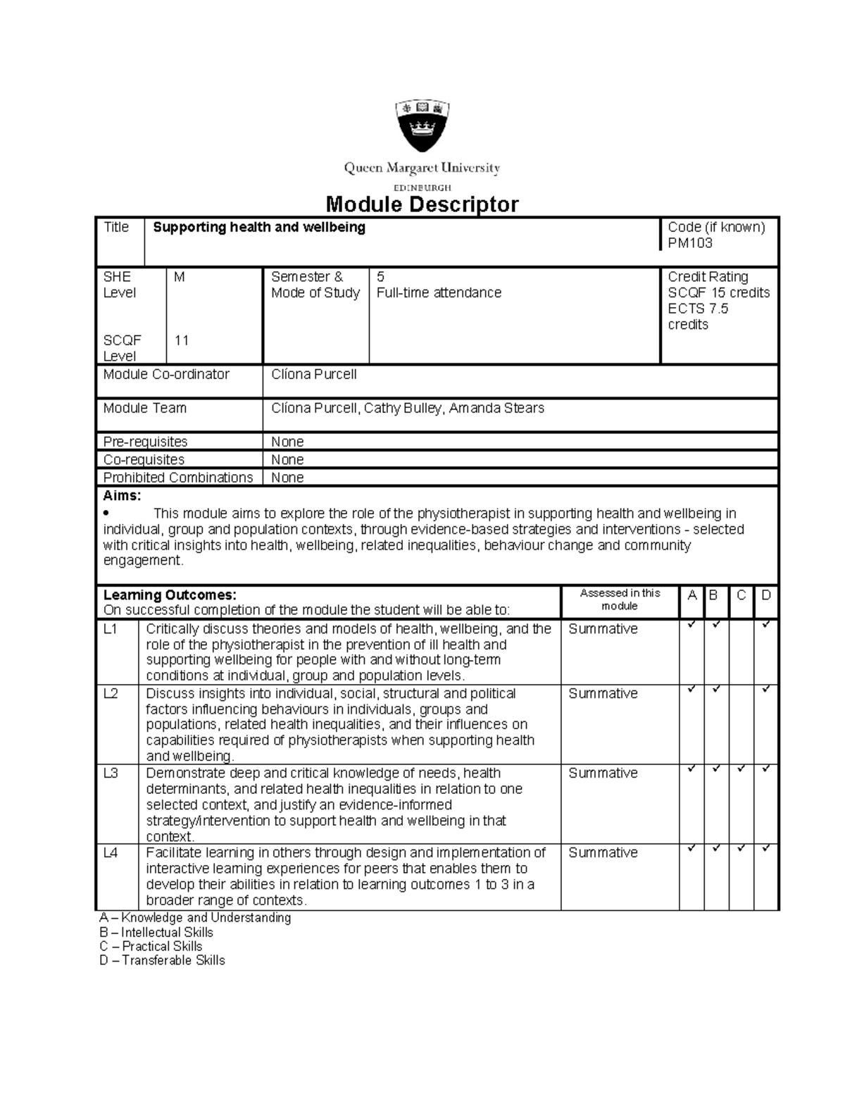 PM103 Supporting Health and Wellbeing Module Descriptor - Module ...