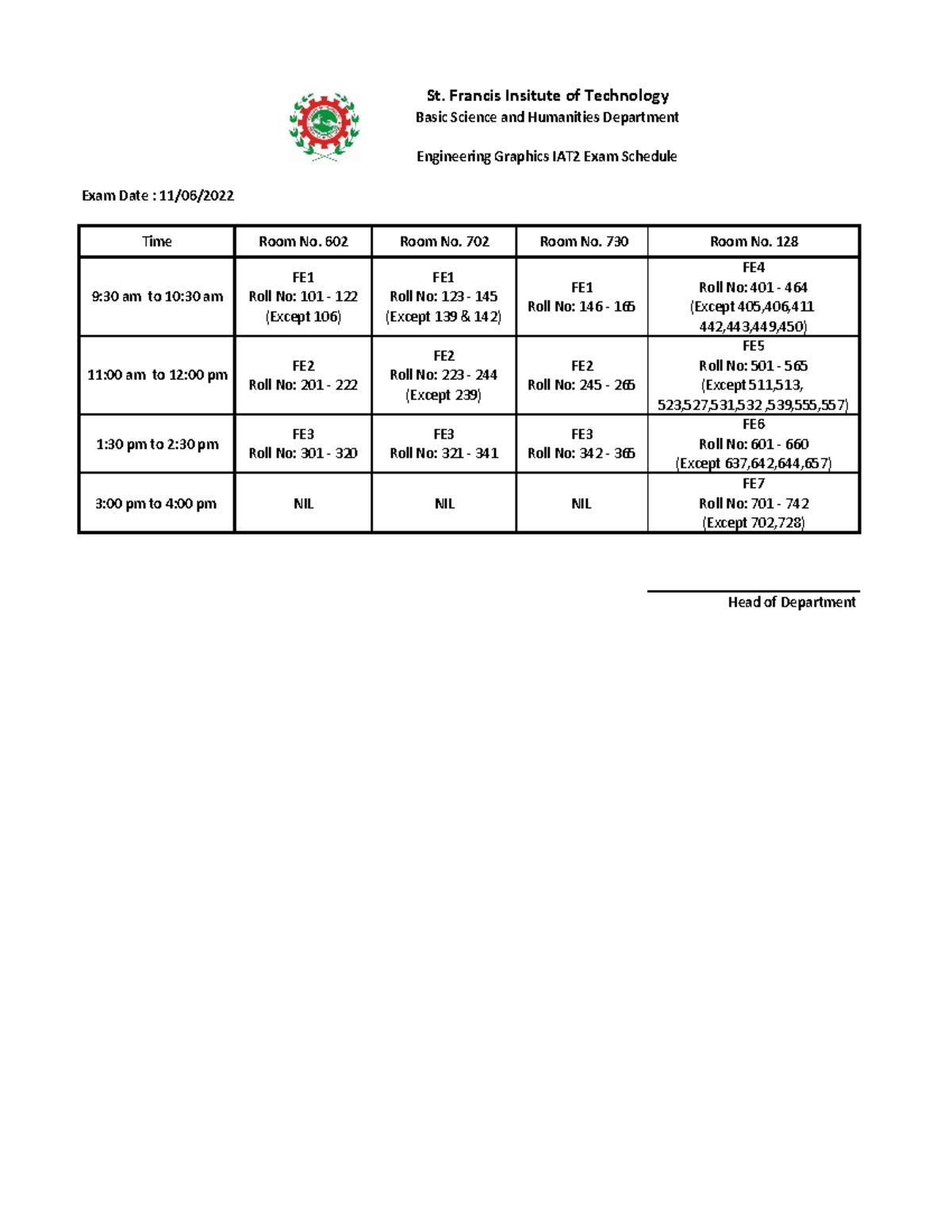 FE IAT2 Exam Schedule - Exam Date : 11/06/ Time Room No. 602 Room No ...