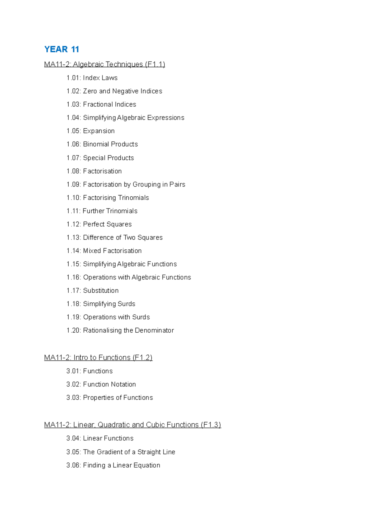 Math Curriculum - YEAR 11 MA11-2: Algebraic Techniques (F1) 1: Index ...