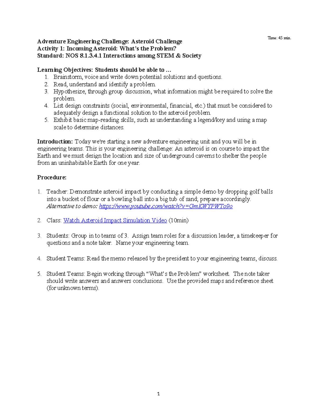 Chapter 2 Asteroid Impact Activity 1 - Adventure Engineering Challenge ...