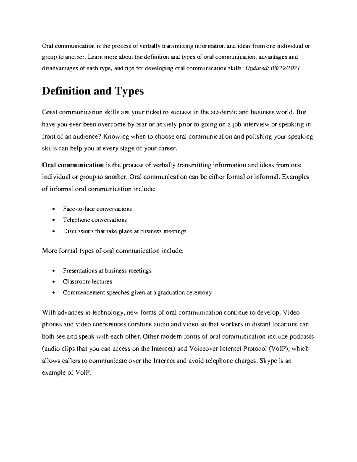 Oral Communication - NOTES - Oral communication is the process of ...