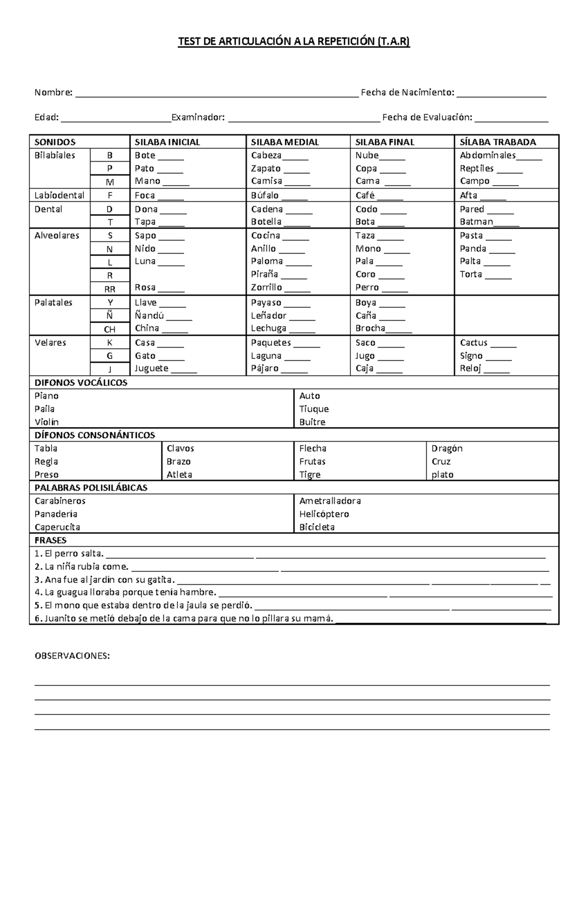 TAR - test para evaluar articulación - TEST DE ARTICULACIÓN A LA ...