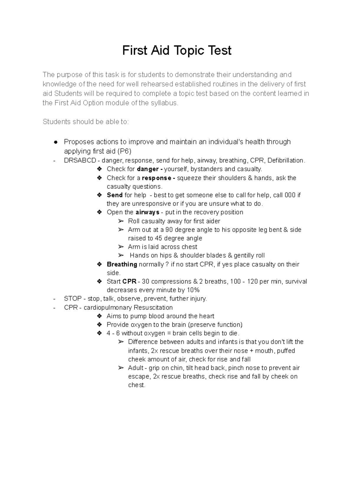 Year 11 PDH PE test notes first aid - First Aid Topic Test The purpose ...