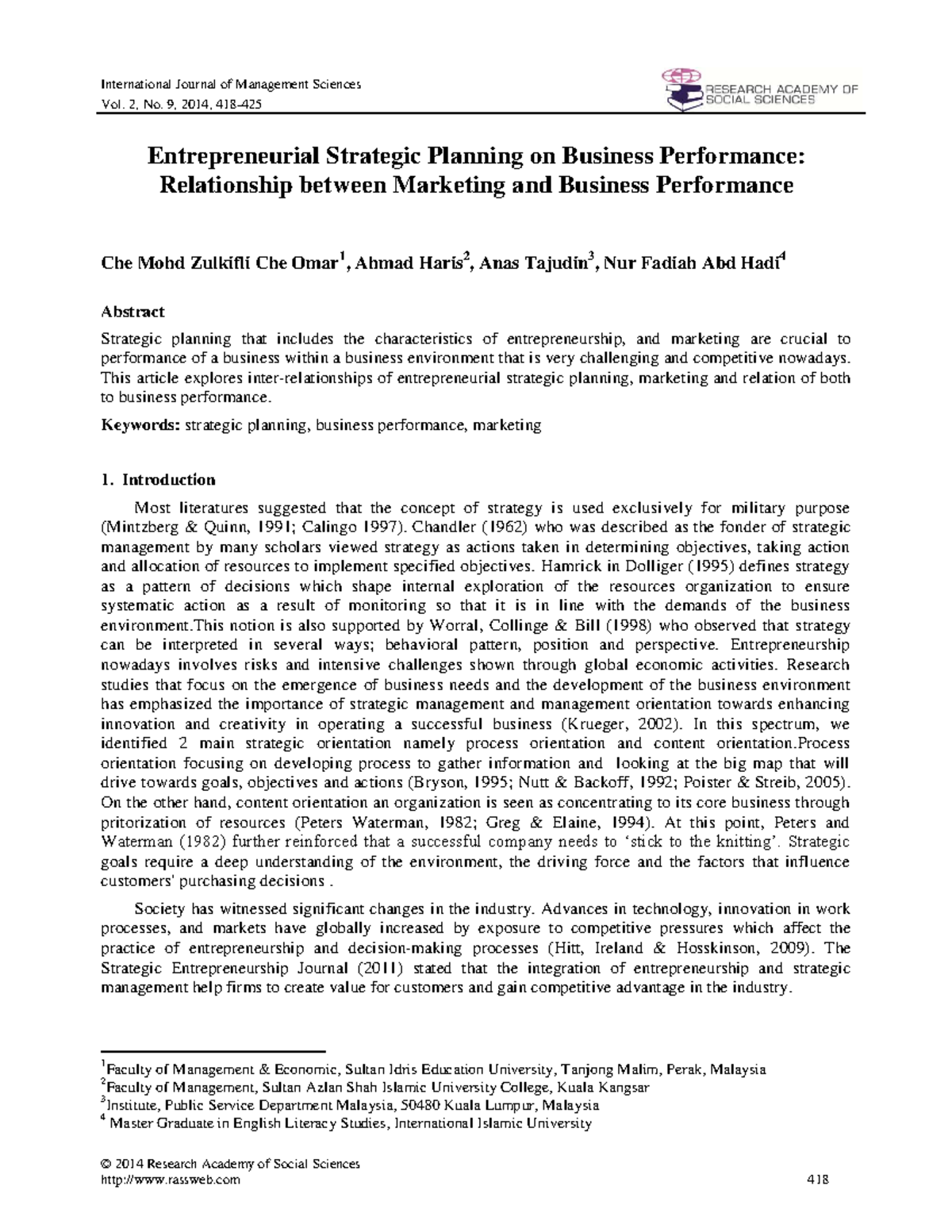 Entrepreneurial Strategic Planning on Bu - © 2014 Research Academy of ...