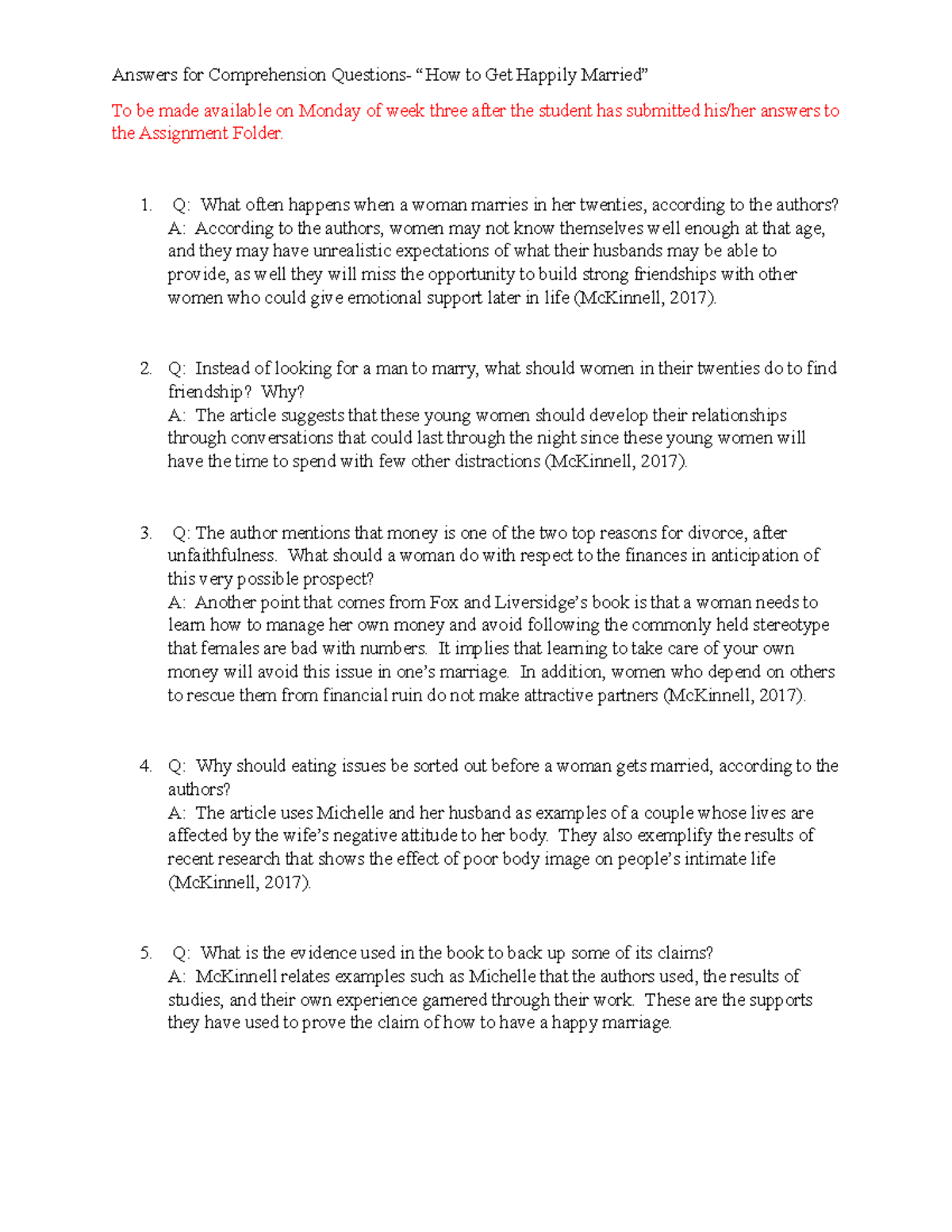 Answers for Comprehension Questions- Happy Marriage - Answers for ...