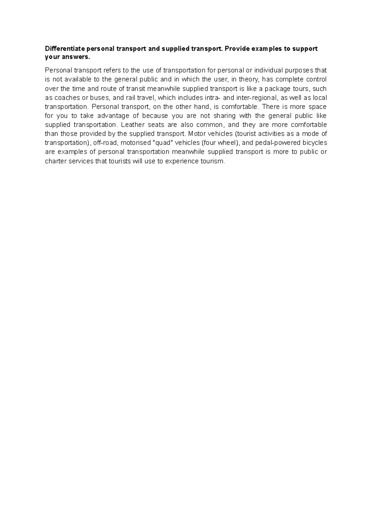 HTT313 WEEK 2 Tutorial - essay - Differentiate personal transport and ...