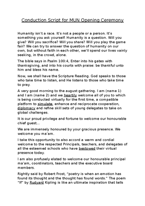 MUN Opening Ceremony Script - Conduction Script for MUN Opening ...
