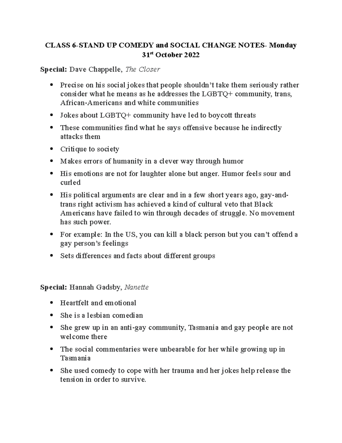 Class 6 Notes - CLASS 6-STAND UP COMEDY and SOCIAL CHANGE NOTES- Monday ...