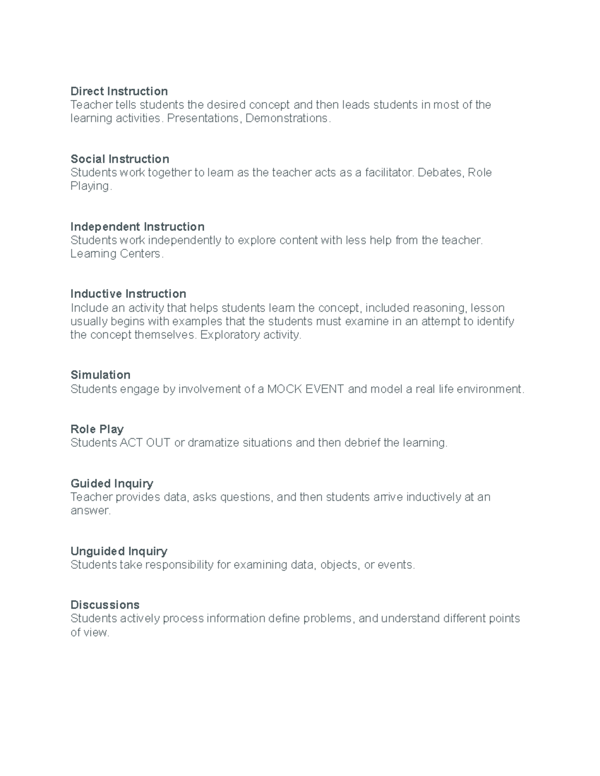 C133 Key terms for OA - Direct Instruction Teacher tells students the ...