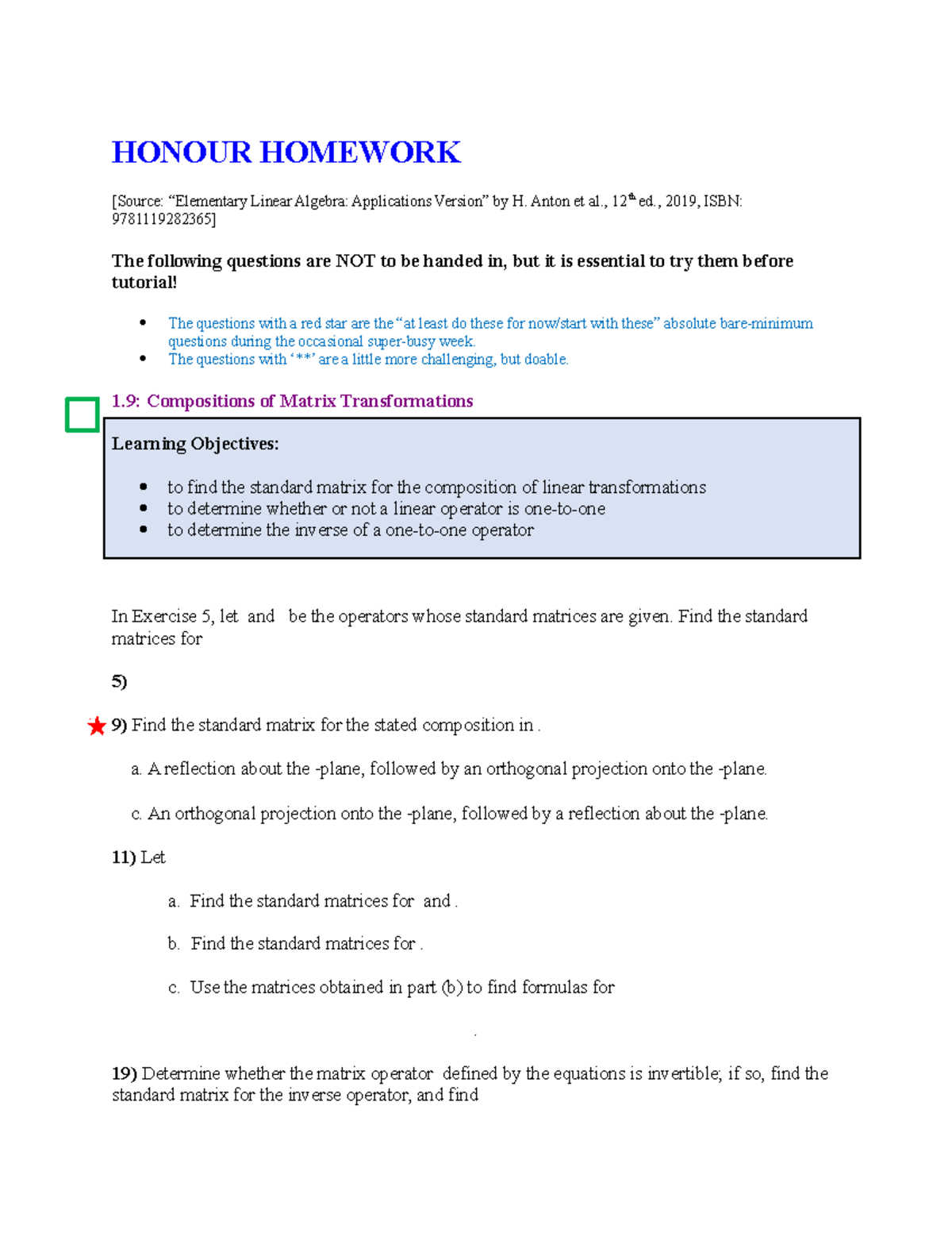 Hw mod10 - honor homework questions for week 10 - HONOUR HOMEWORK ...