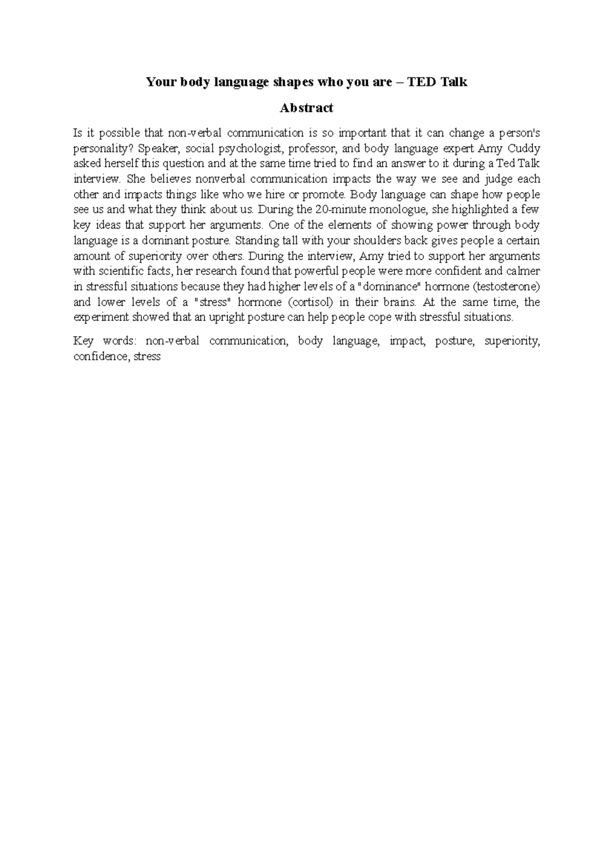 TED abstract essay - Your body language shapes who you are – TED Talk ...