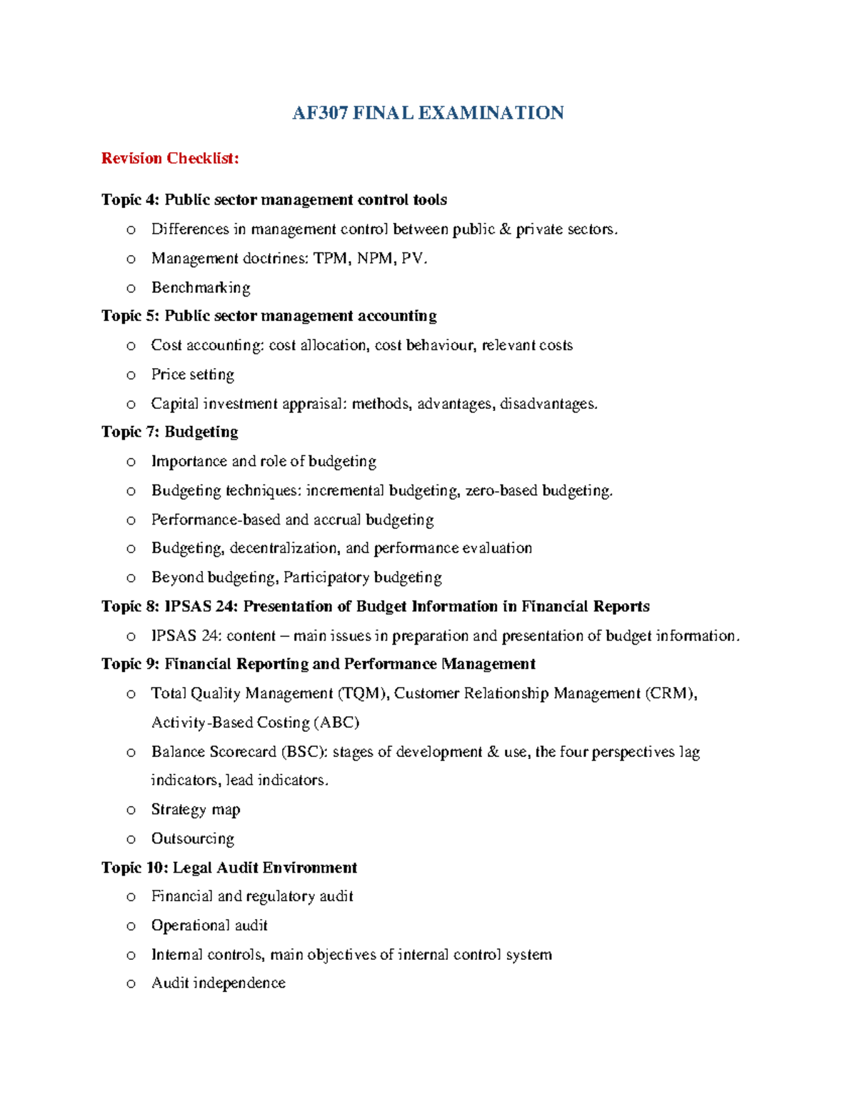 FE coverage checklist - AF307 FINAL EXAMINATION Revision Checklist ...