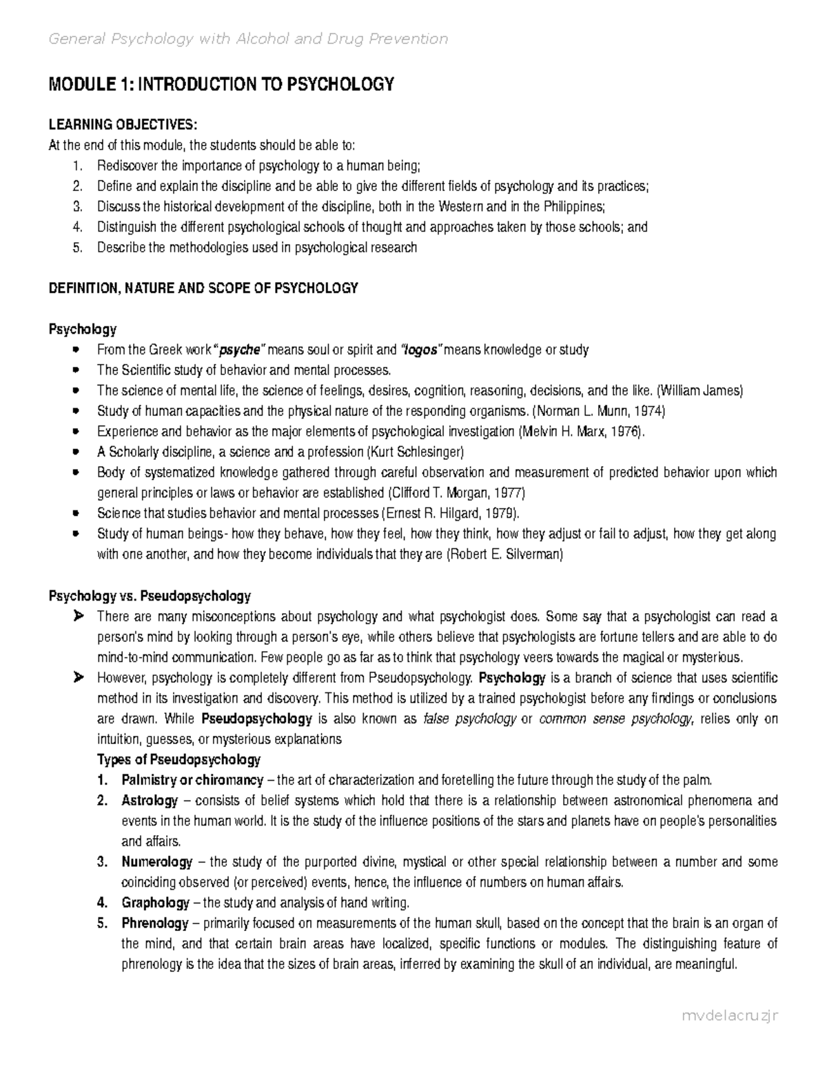 Gen psych module - MODULE 1: INTRODUCTION TO PSYCHOLOGY LEARNING ...