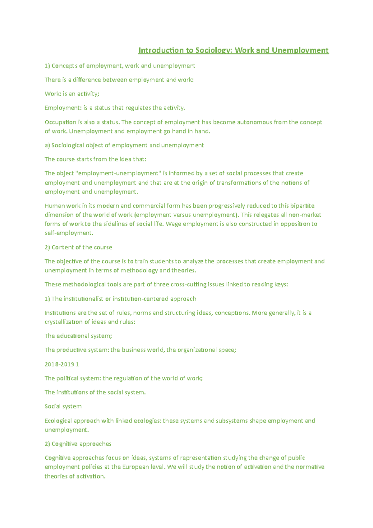 1 Introduction to Sociology Concepts of employment - Introduction to ...