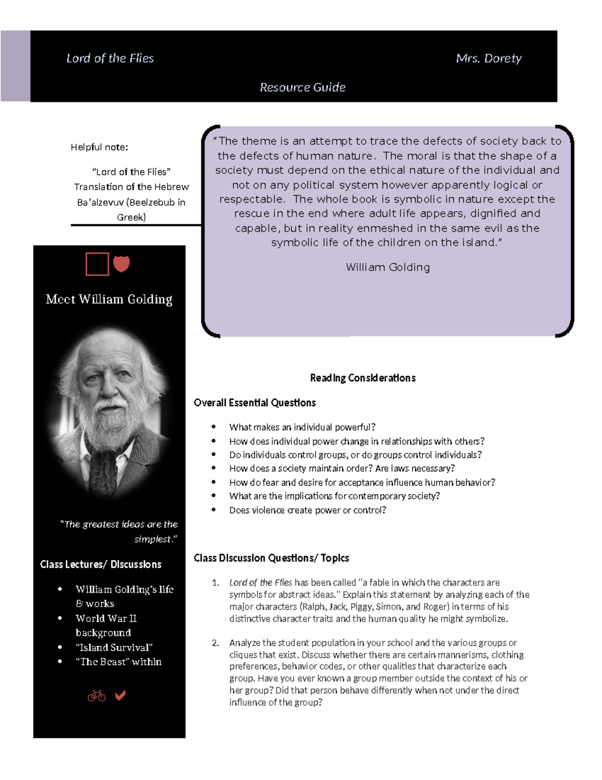Lord of the flies resource guide - Helpful note: “Lord of the Flies ...