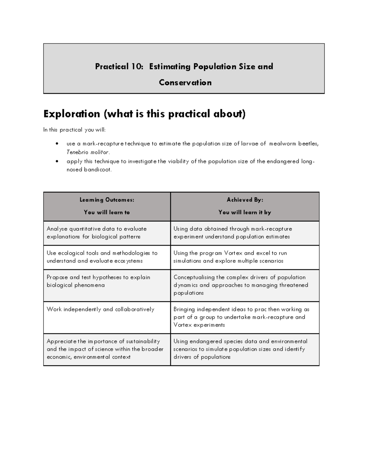 Practical 10 Estimating Population Size and Conservation - Practical 10 ...