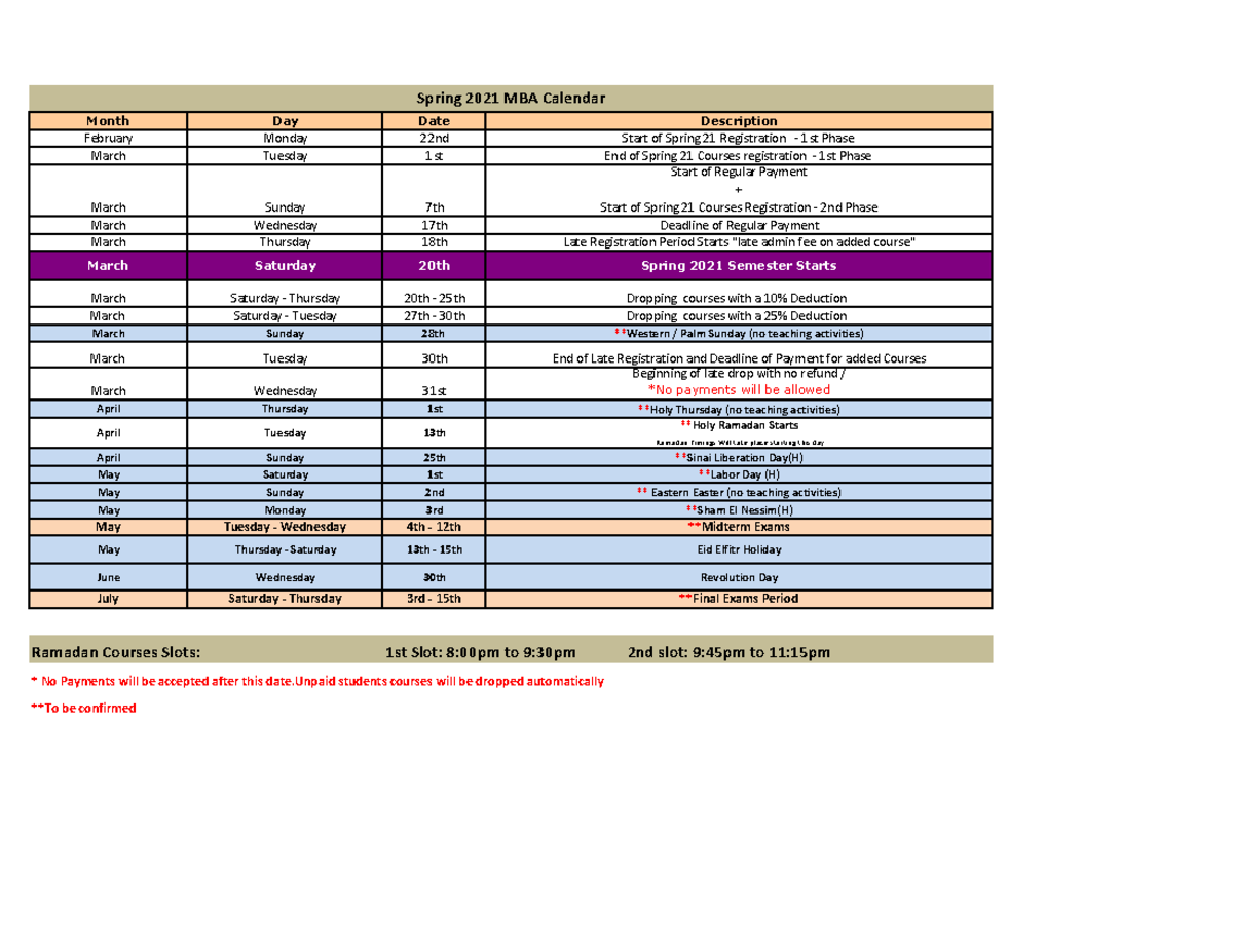 MBA Spring 2021 Calendar - Month Day Date Description February Monday ...
