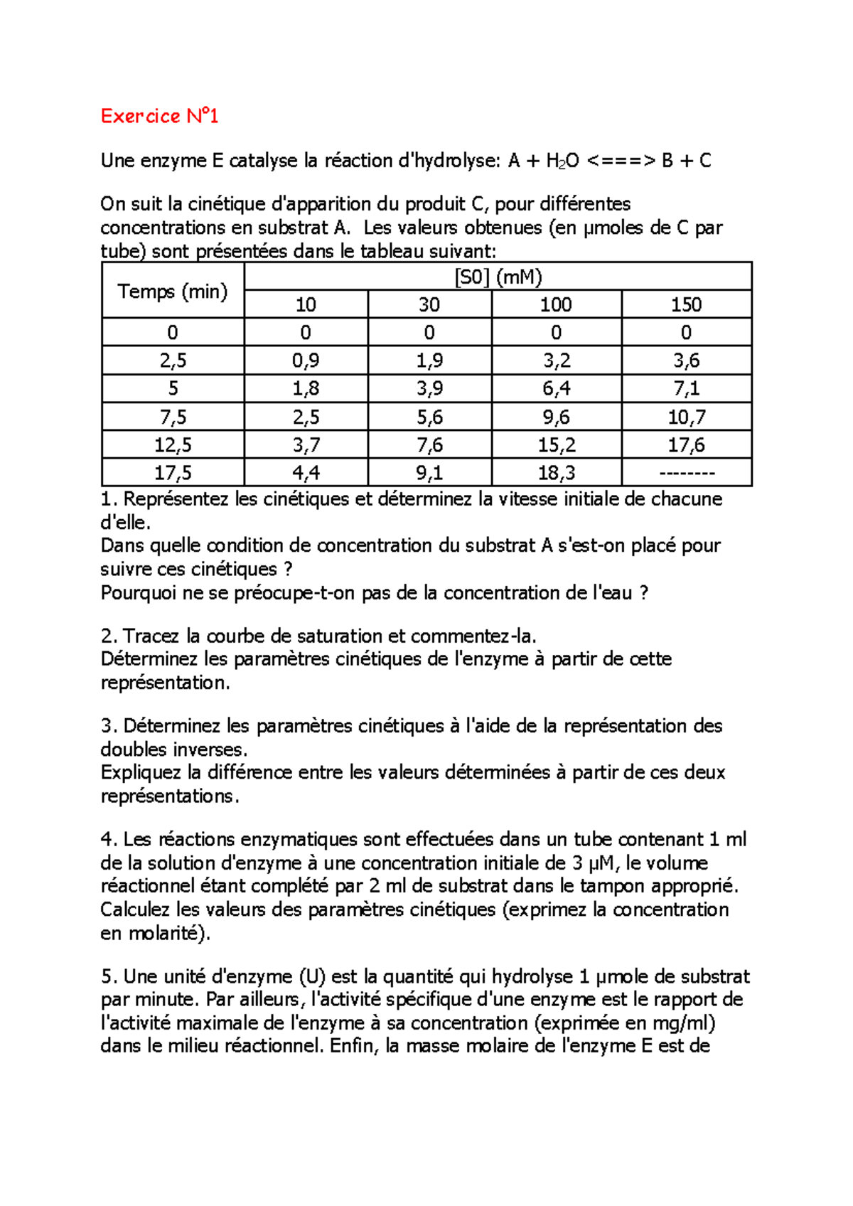 TD1 avec Corrigé - Exercice N° Une enzyme E catalyse la réaction d ...