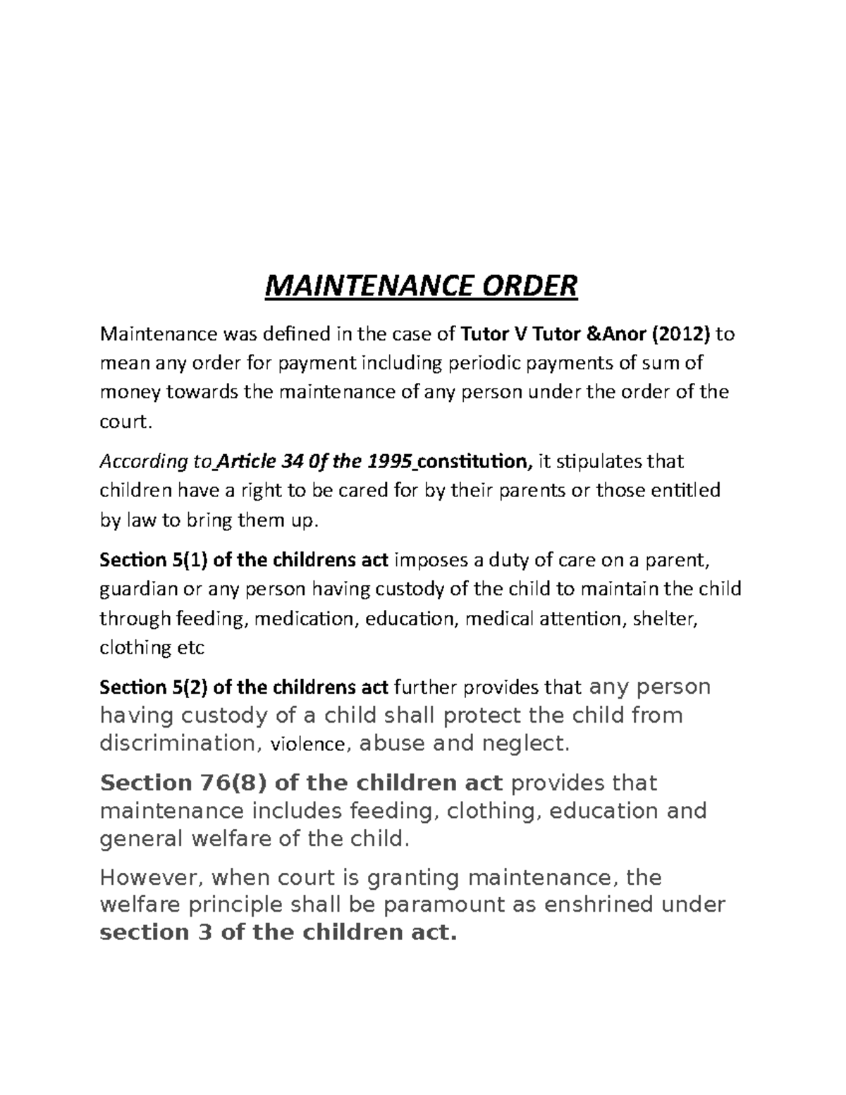 Maintainance order - Family matter - MAINTENANCE ORDER Maintenance was ...