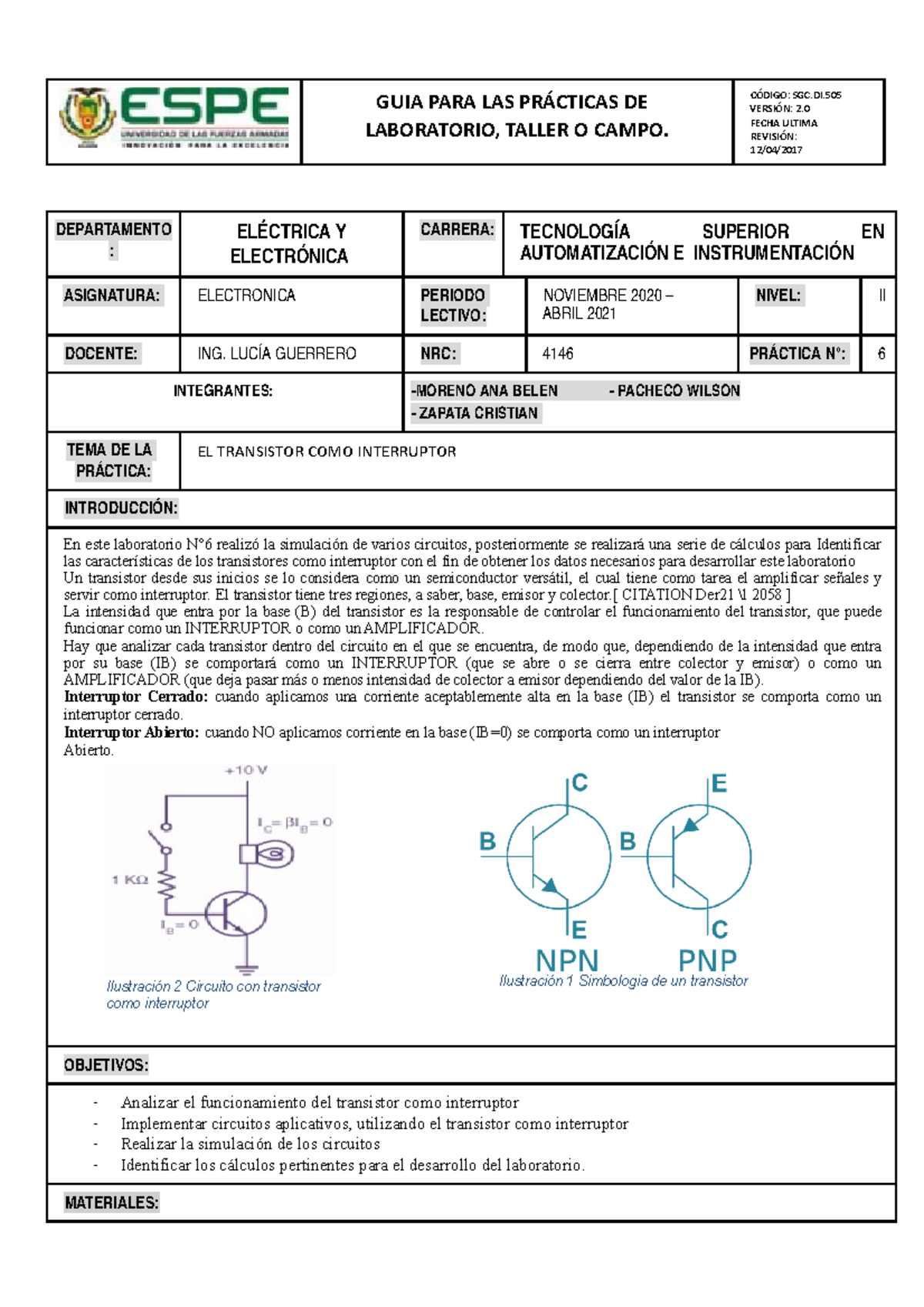 Informe 1 - GUIA PARA LAS PRÁCTICAS DE LABORATORIO, TALLER O CAMPO. CÓDIGO: SGC. VERSIÓN: 2 ...