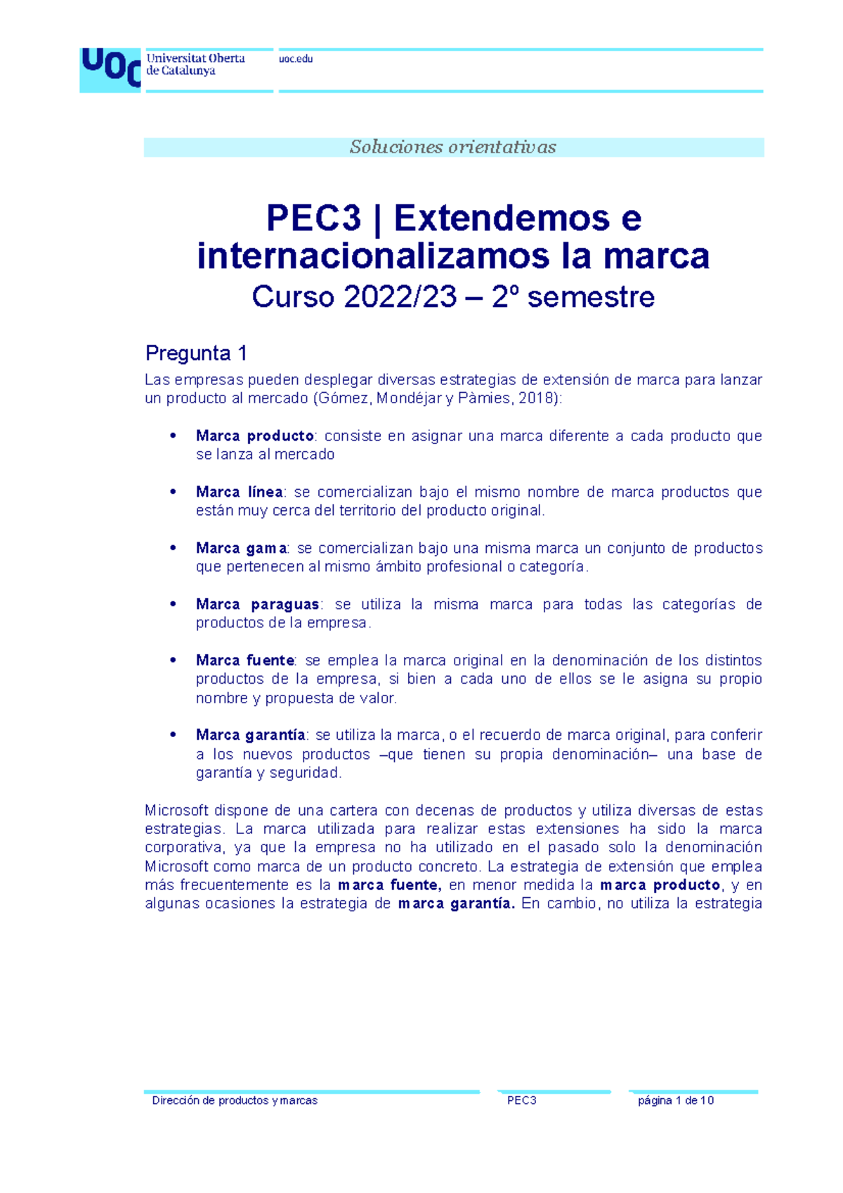 Dirección de productos y marcas Sol PEC 3 - Soluciones orientativas PEC3 | Extendemos e - Studocu