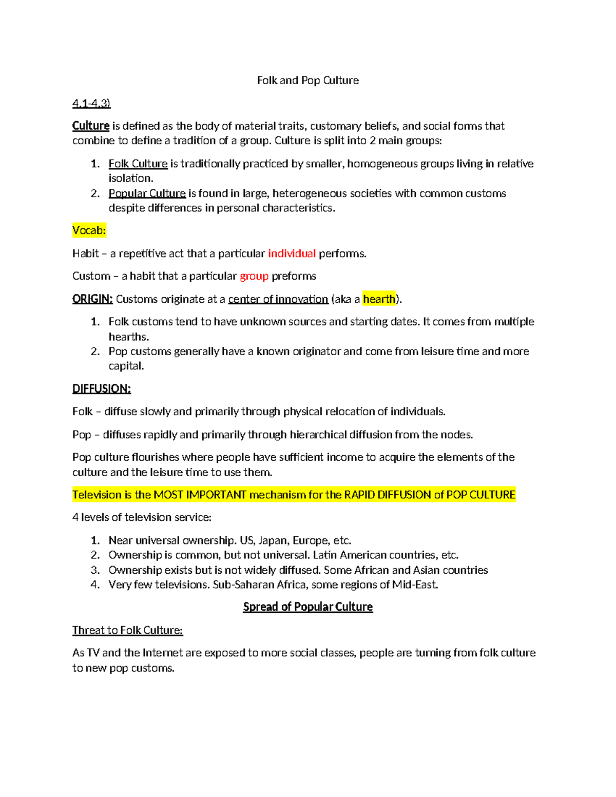 Human Geography Reading Summary 3 - Folk and Pop Culture 4.1-4) Culture ...