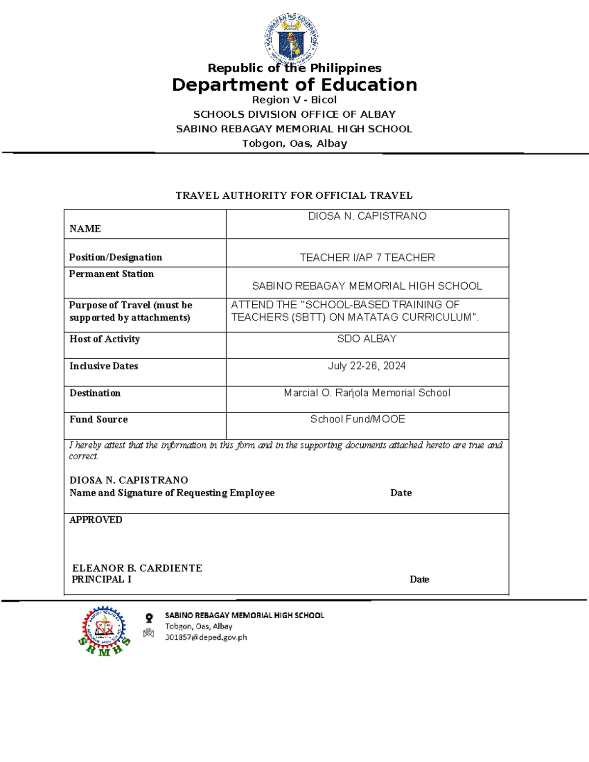 Travel Order FOR Teachers - Republic of the Philippines Department of ...