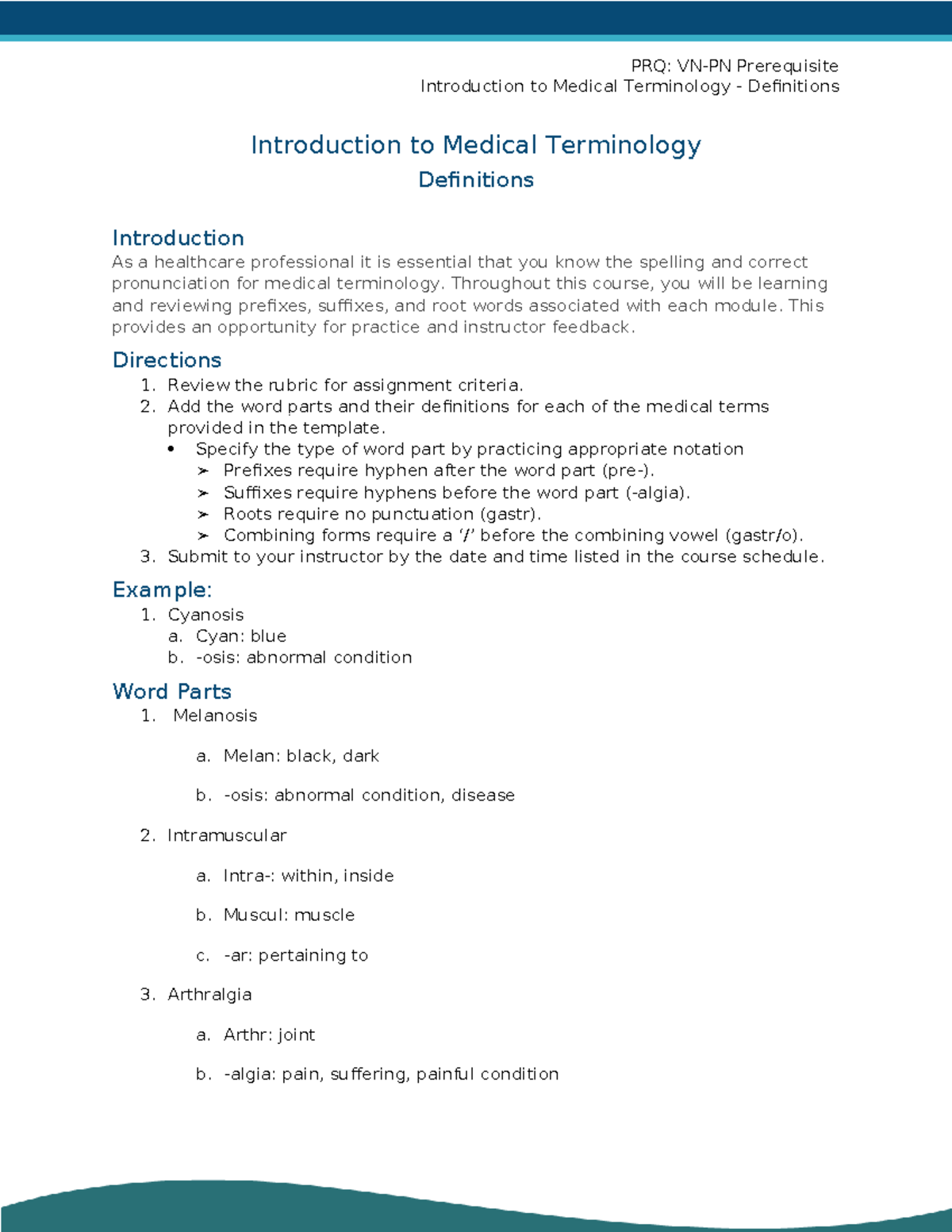 Revised Assignment Definitions (Ch. 1 - Introduction to Medical ...