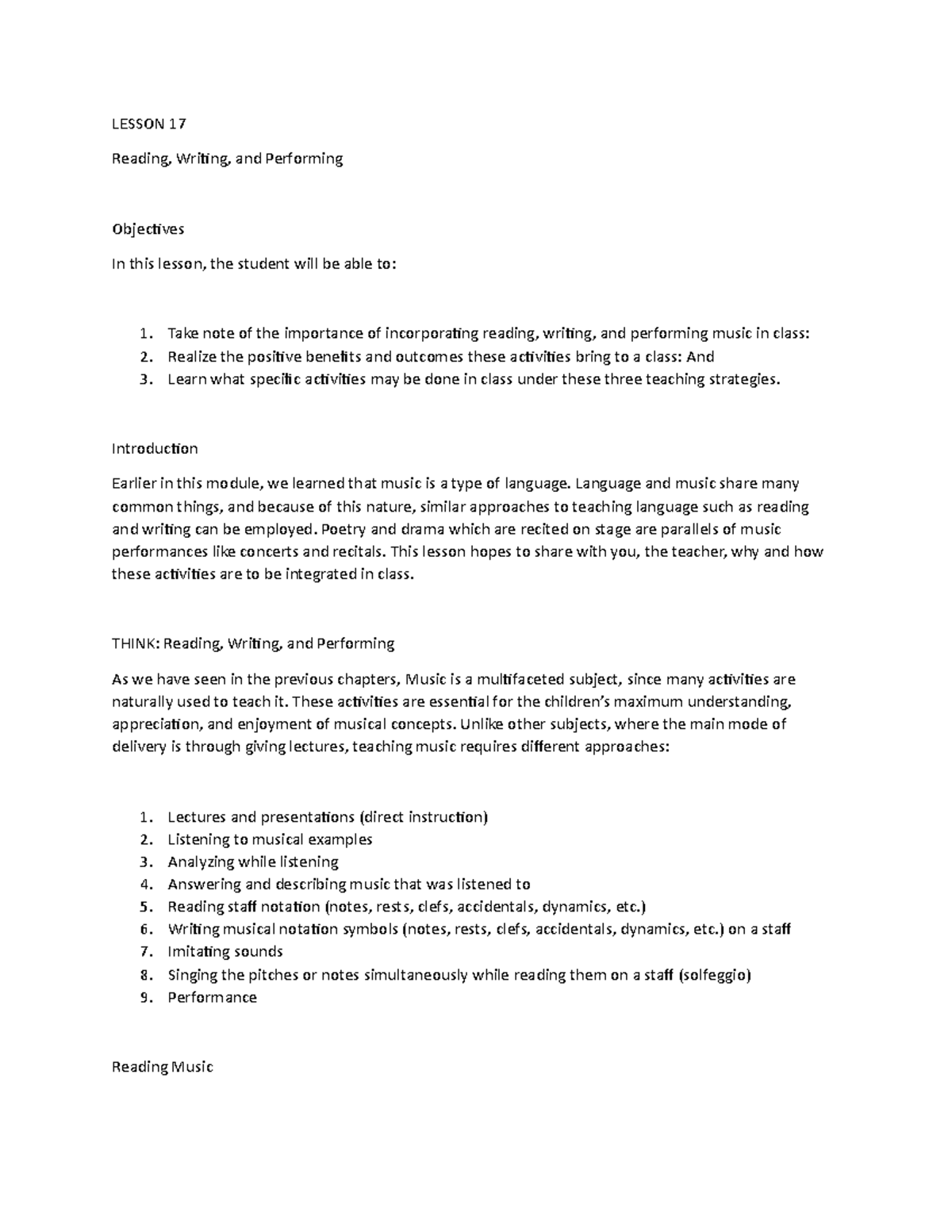 Lesson 17 Reading, Writing, and Performing - LESSON 17 Reading, Writing ...