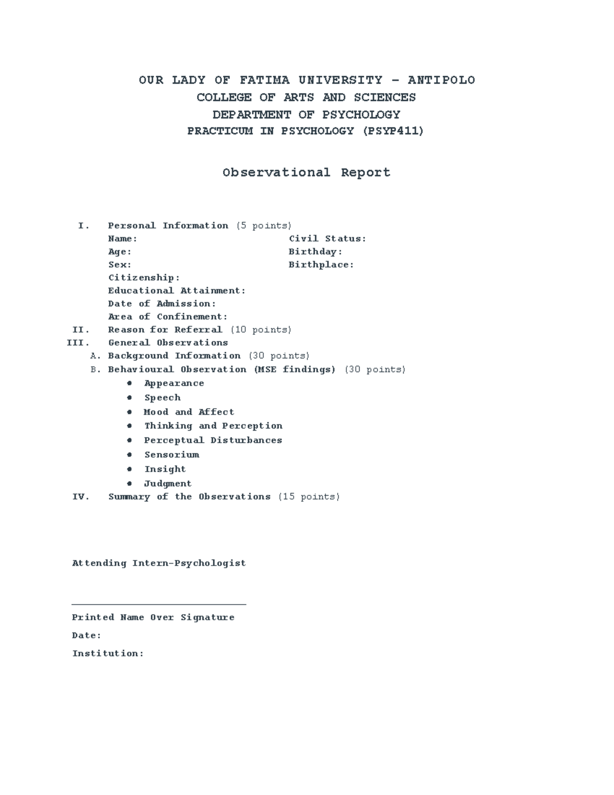 PSYP411 Observational Report Format Clinical Setting - OUR LADY OF ...