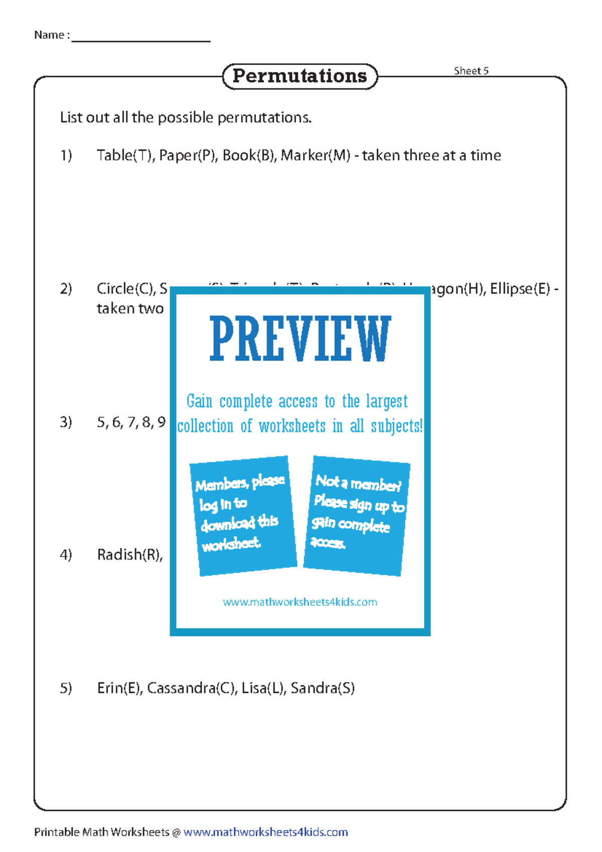 List-5 - Permutation - Name : Printable Math Worksheets ...