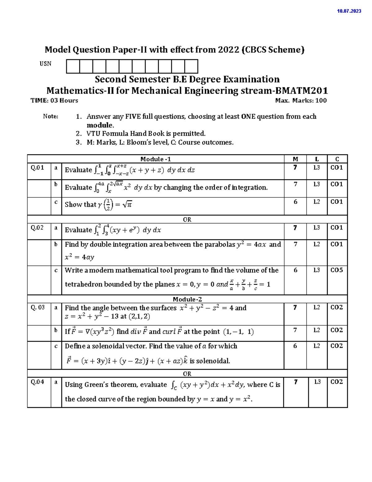 Maths mp2 1&2 - Fff - Model Question Paper-II with effect from 2022 ...