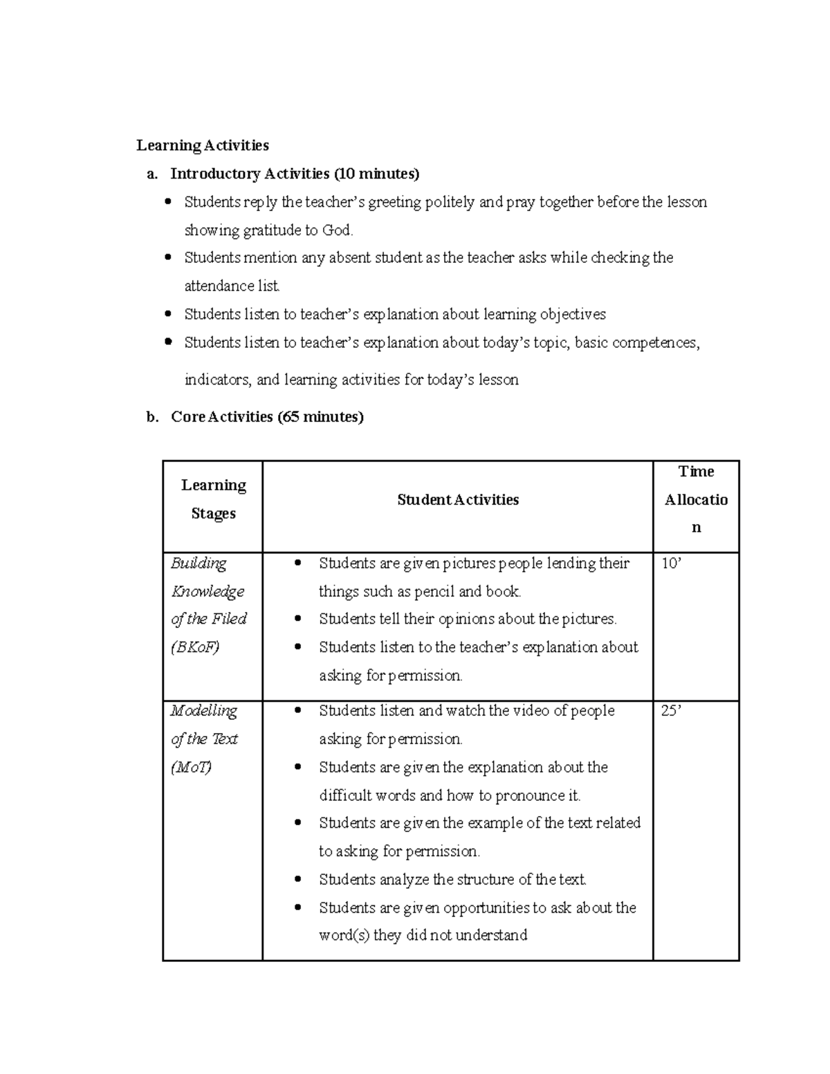 Learning Activities In Lesson Plan Learning Activities A