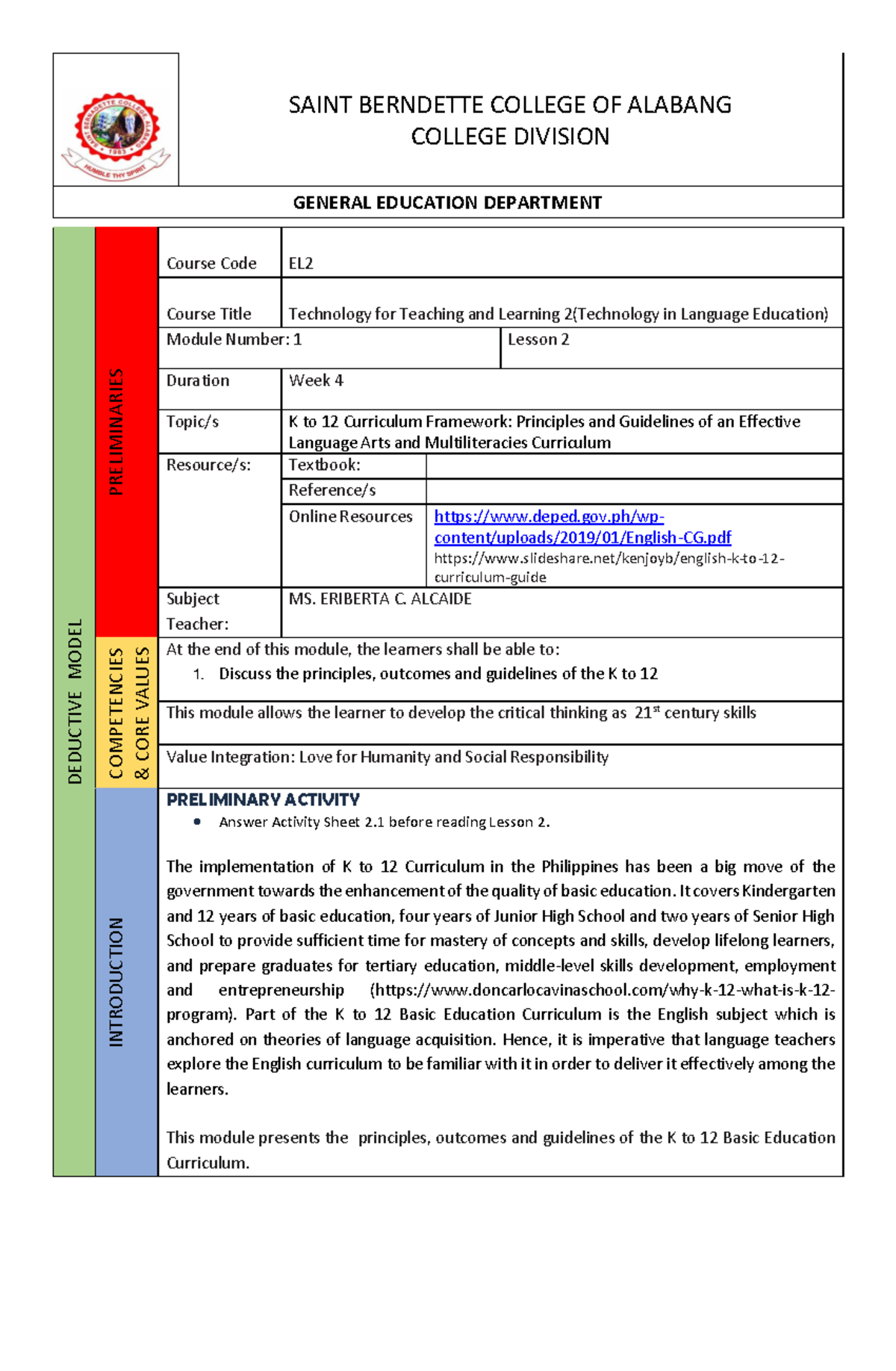EL2 TTL2 Module 1 Lesson 3- K to 12 Curriculum Framework and Guidelines ...