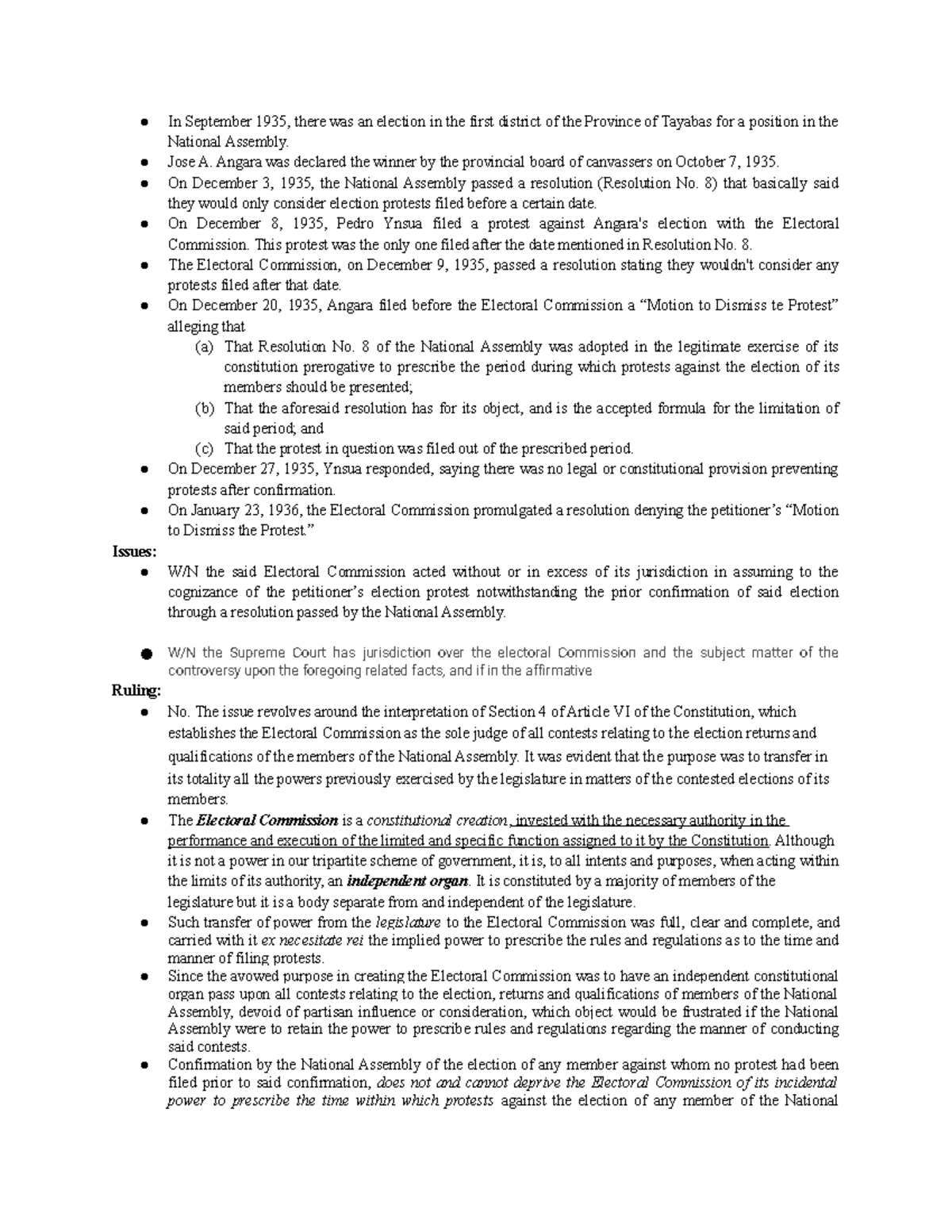 Angara v. Electoral Commission, ABS-CBN, Ynut - In September 1935 ...